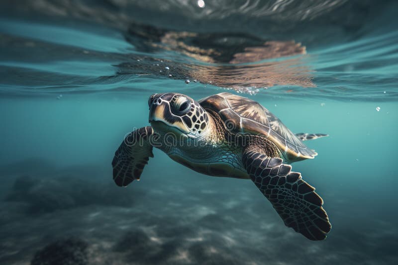 Big Tropical Turtle Swims in Blue Sea. Turtle in Natural Environment ...