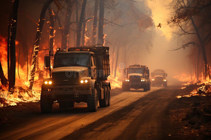 Big Trucks are Coming with Help To Extinguish the Forest Fire. Stock ...