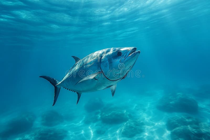 Big Tuna Fish Swimming Underwater in the Sunlit Ocean Stock Image ...