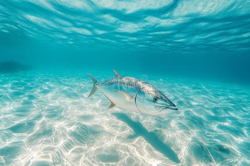 Big Tuna Fish Swimming Underwater in the Sunlit Ocean Stock Image ...
