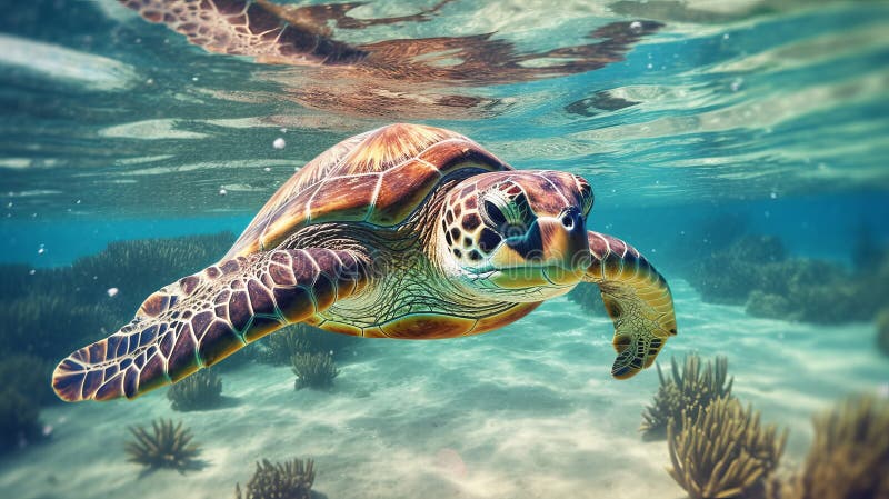 Big Turtle Swimming Under Clear Ocean. Generative AI. Stock ...