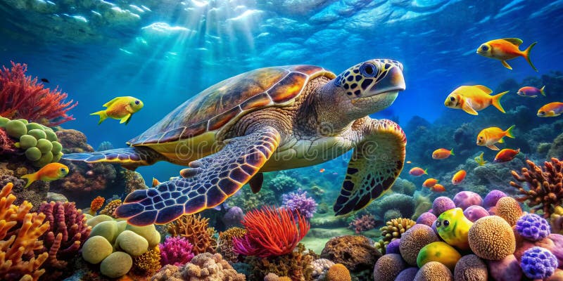 Big Turtle Underwater on a Reef Background Colored Fish Front View AI ...