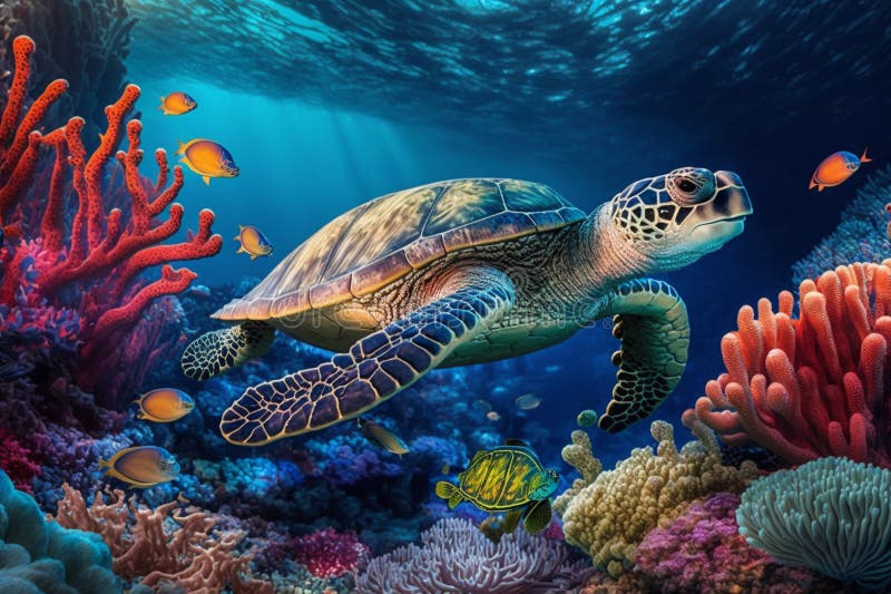 Big Turtle Underwater Side View on a Reef Background, Beautiful ...