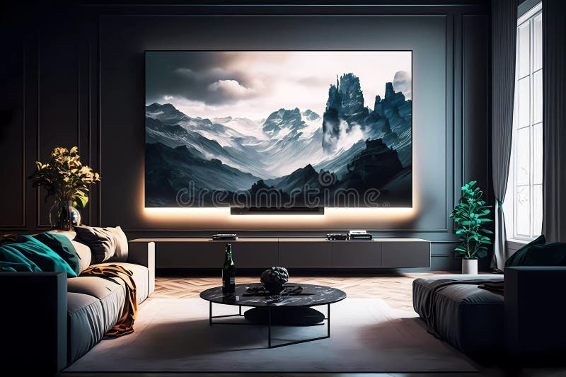 Big Tv Screen on the Wall in Modern Interior Room. Generative Ai Design ...