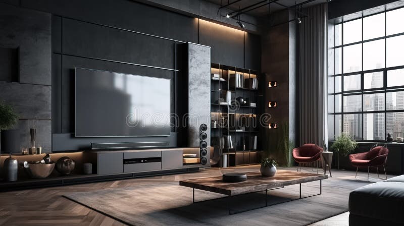 Big TV Wall Screen in Modern Living Room Stock Illustration ...