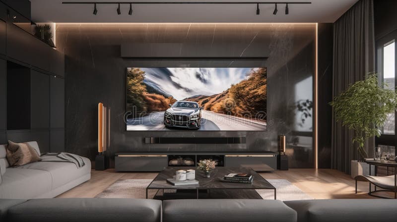 Big TV Wall Screen in Modern Living Room Stock Illustration ...