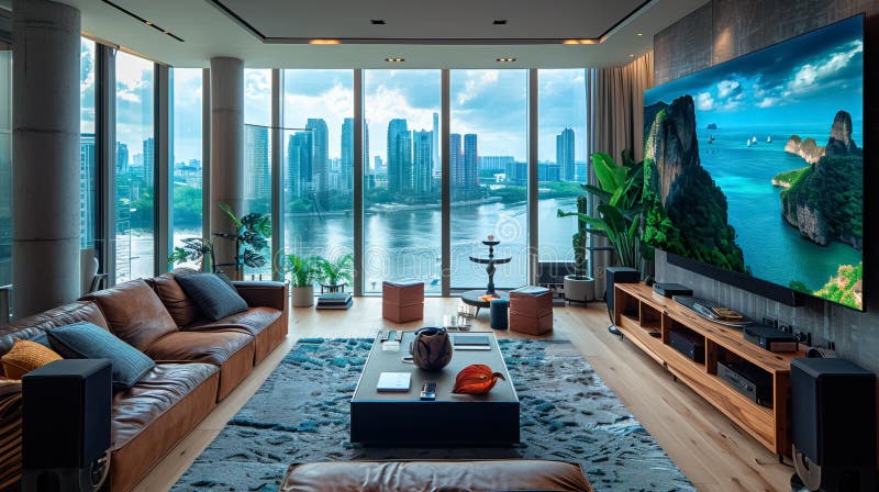 Big TV Wall Screen in Modern Living Room Stock Illustration ...