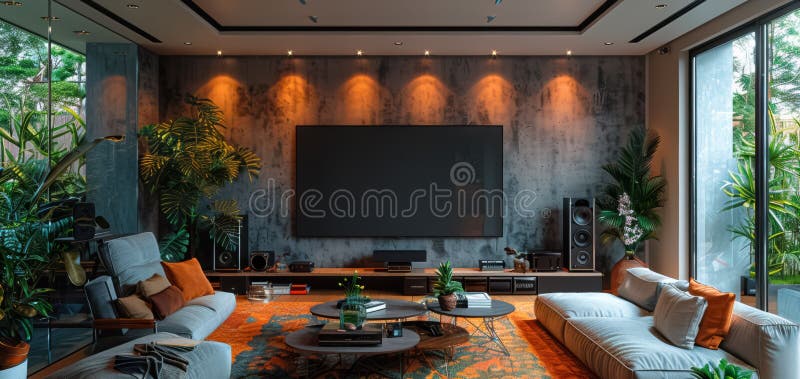 Big TV Wall Screen in Modern Living Room Stock Illustration ...