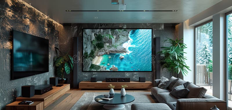 Big TV Wall Screen in Modern Living Room Stock Illustration ...