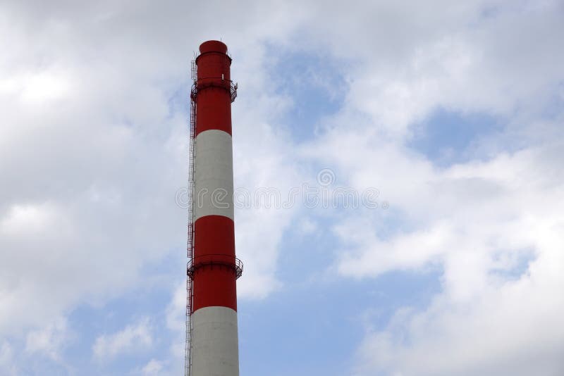 Big Two Color Stripes Industrial Smoke Pipe Under Blue Sky with White ...