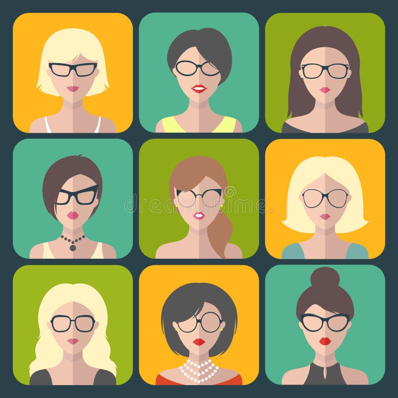 Big Vector Set of Different Women App Icons in Glasses in Flat Style ...