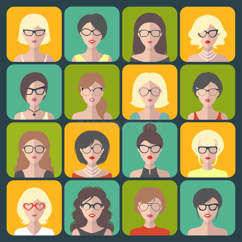 Big Vector Set of Different Women App Icons in Glasses in Flat Style ...