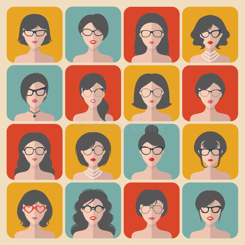 Big Vector Set of Different Women App Icons in Glasses in Flat Style ...