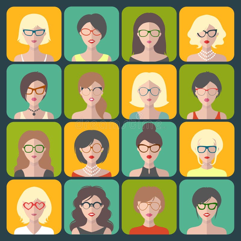 Big Vector Set of Different Women App Icons in Glasses in Flat Style ...