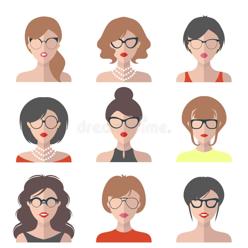 Big Vector Set of Different Women App Icons in Glasses in Flat Style ...