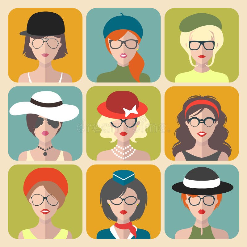 Big Vector Set of Different Women App Icons in Glasses and Hats in Flat ...