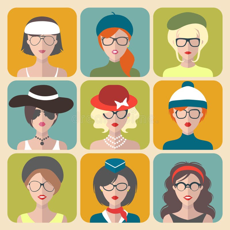 Big Vector Set of Different Women App Icons in Glasses and Hats in Flat ...
