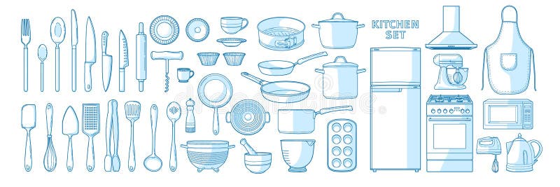 Big Vector Set of Kitchen Utensils in a Linear Style. a Set of Objects ...