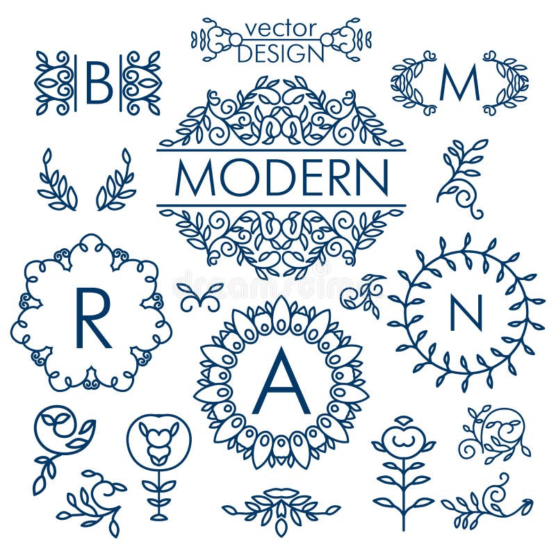 Big Vector Set of Line Floral Design Elements for Logos, Frames and ...