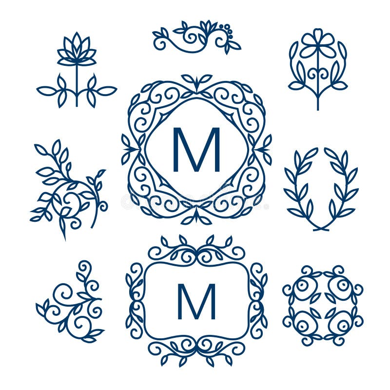 Big Vector Set of Line Floral Design Elements for Logos, Frames and ...