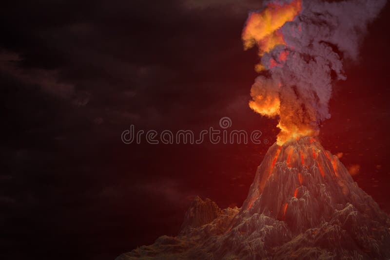 Big Volcano Blast Eruption with Huge Smoke Pillar and Fire on Night Sky ...