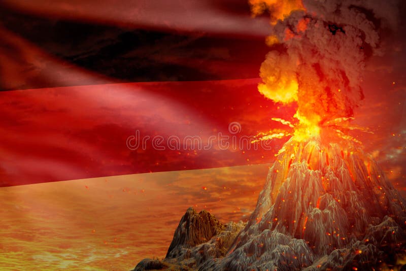 Conical Volcano Blast Eruption at Night with Explosion on Germany Flag ...