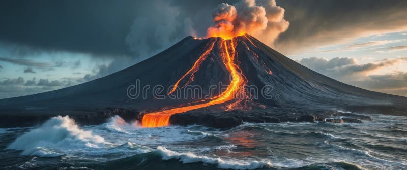 Big Volcano Erupting with Glowing Lava River Flowing into Ocean Stock ...