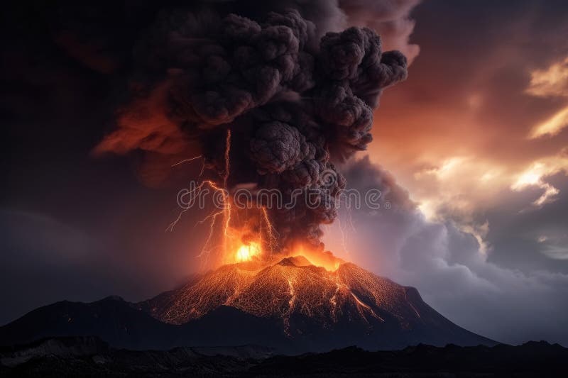 A Big Volcano Erupts with a Dark Ash Cloud in the Sky with Lightning ...