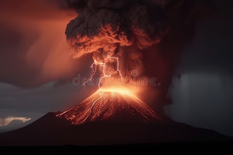 A Big Volcano Erupts with a Dark Ash Cloud in the Sky with Lightning ...