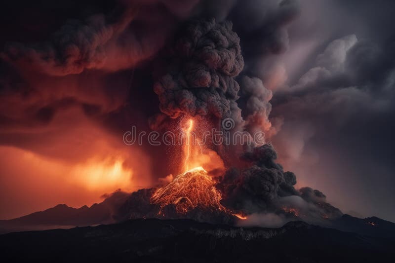 A Big Volcano Erupts with a Dark Ash Cloud in the Sky with Lightning ...