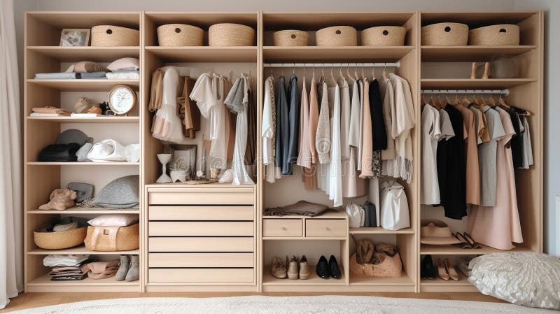 Big Wardrobe with Different Clothes for Dressing Room. Generative Ai ...