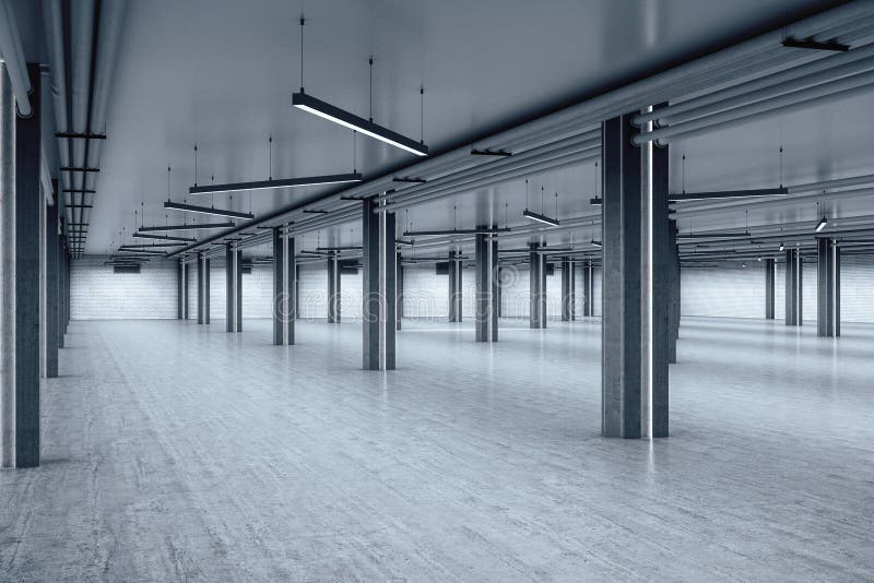Big Warehouse Interior with Blank Wall and Columns Stock Illustration ...
