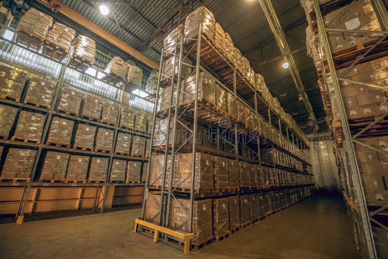 Big Warehouse with Many Different Boxes on the Shelves Stock Photo ...