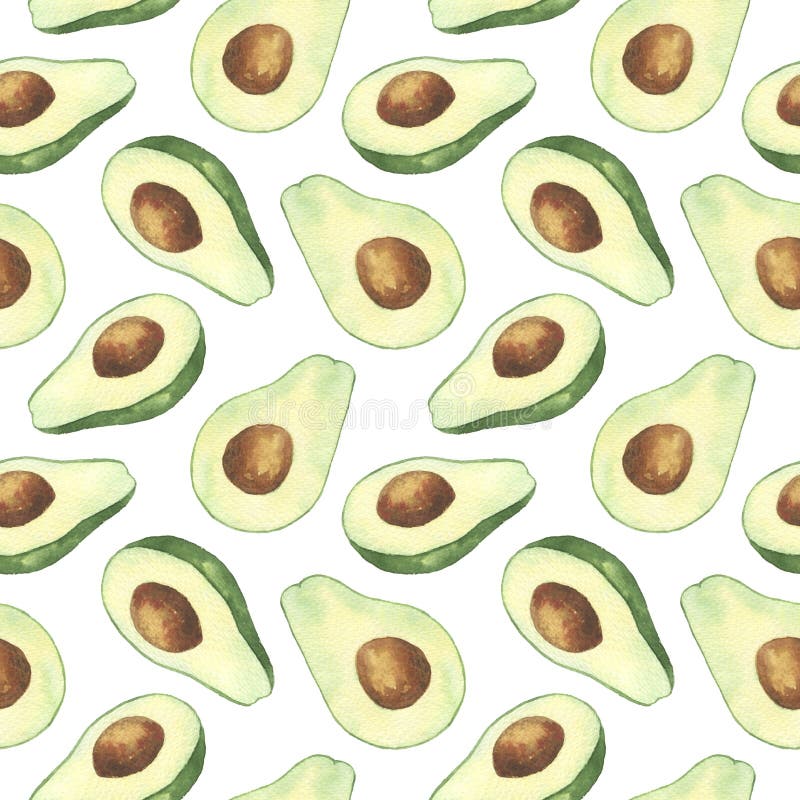 Big Watercolor Avocado Seamless Pattern. Isolated Hand Draw ...