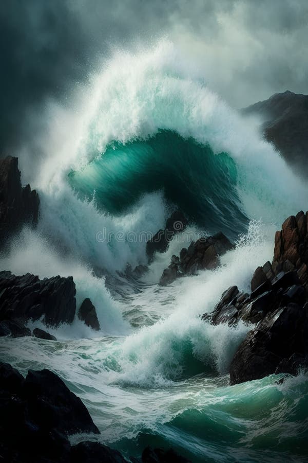 Big Wave Breaking on the Rocks in the Sea. Collage Stock Illustration ...