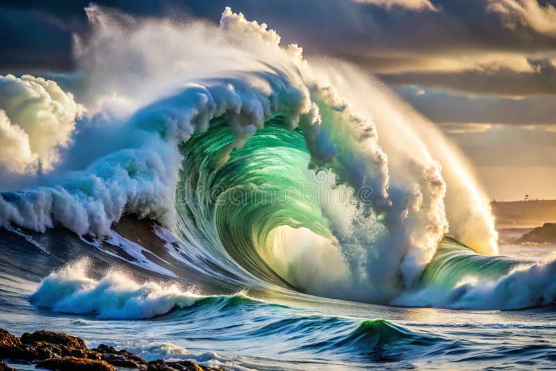 Big Wave Crashing at Seashore Stock Illustration - Illustration of ...