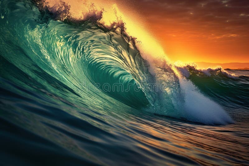 Big Wave in the Ocean at Sunset. Generated by AI Stock Illustration ...