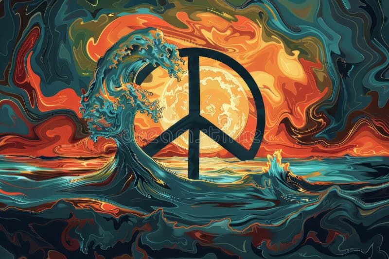 Big Wave Rising Under Peace Sign at Sunset Abstract Illustration Stock ...