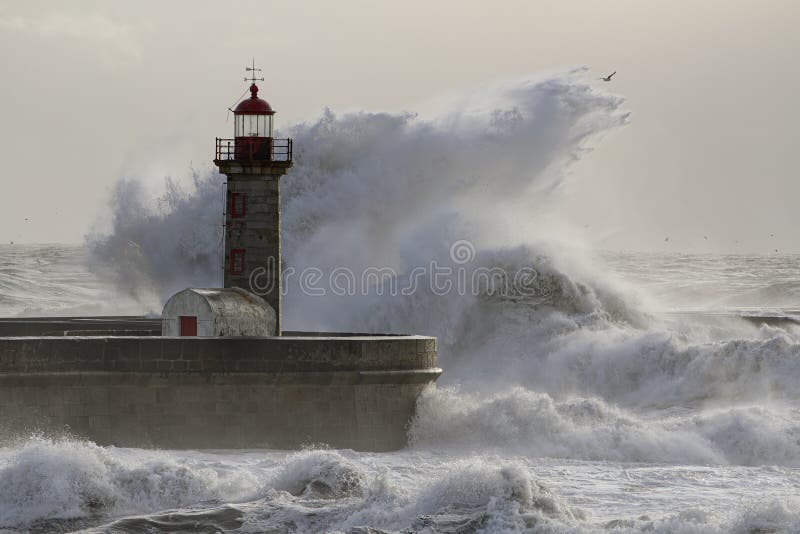 Big Wave Splash in the Old Lighthouse Stock Photo - Image of landscape ...