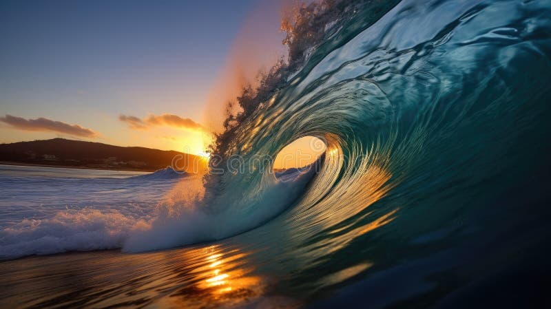 Big Wave at Sunset. Great Sea Wave. Light Bronze and Dark Blue. Stock ...