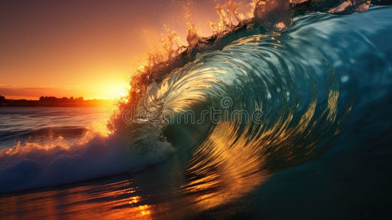 Big Wave at Sunset. Great Sea Wave. Light Bronze and Dark Blue. Stock ...
