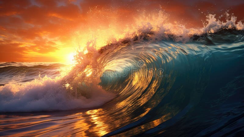 Big Wave at Sunset. Great Sea Wave. Light Bronze and Dark Blue. Stock ...