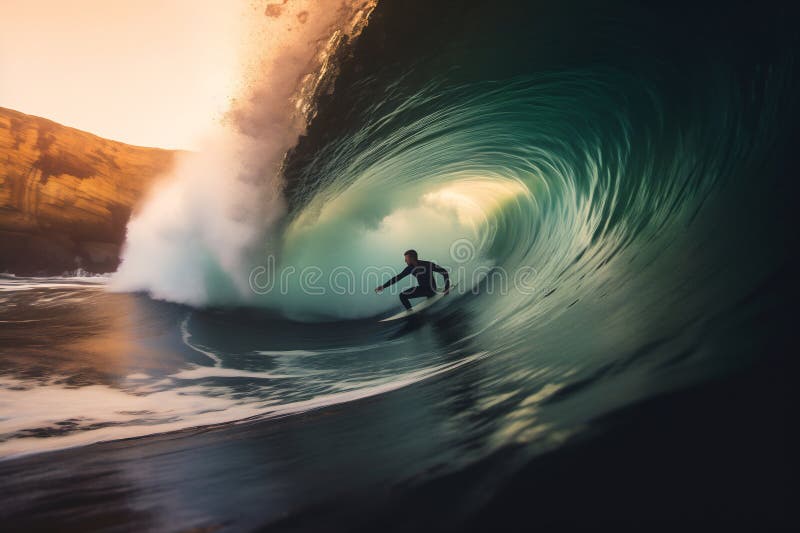 Big Wave Surfer in a Perfect Barrel Stock Illustration - Illustration ...