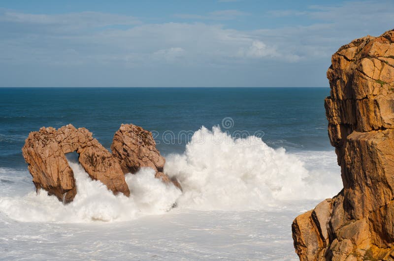 Big Waves Breaking Against the Rocks, Urros, Cantabria Stock Photo ...