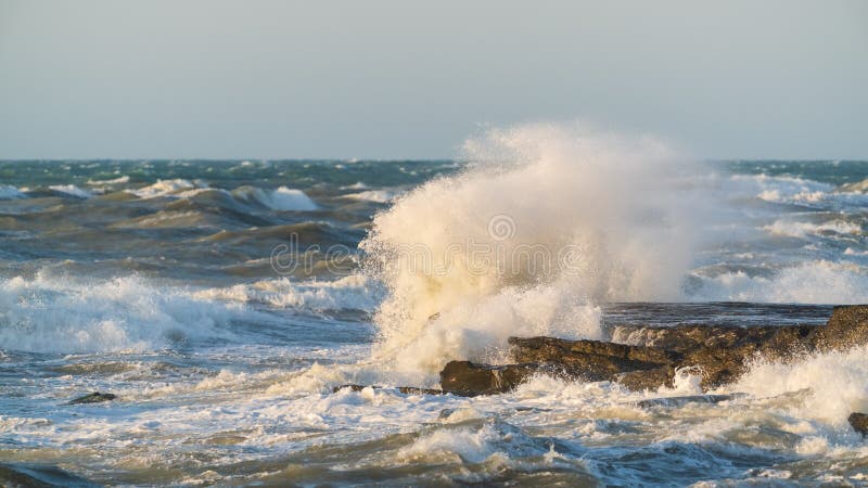 Big Waves Crash Against Coastal Cliffs. Sea Storm Stock Image - Image ...