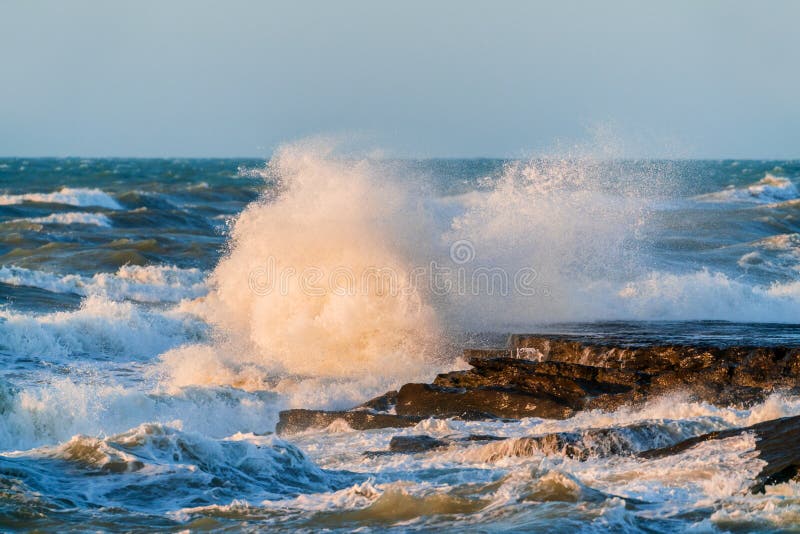 Big Waves Crash Against Coastal Cliffs. Sea Storm Stock Photo - Image ...