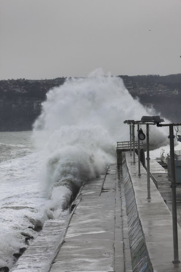 Big Waves Crashing on Breakwater Stock Photo - Image of waves ...