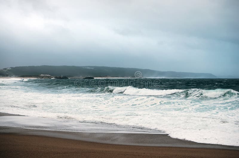 Big Waves Roll Ashore. Atlantic Ocean. (Nazare, Portugal). Stock Photo ...