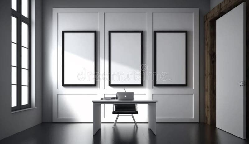 A Big White Blank Frames Hanging on Wall. Modern Wooden Office Interior ...