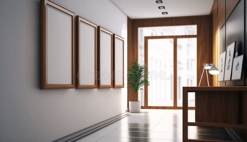 A Big White Blank Frames Hanging on Wall. Modern Wooden Office Interior ...